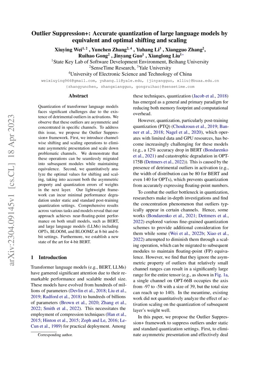 Outlier Suppression Accurate Quantization Of Large Language Models By Equivalent And Optimal