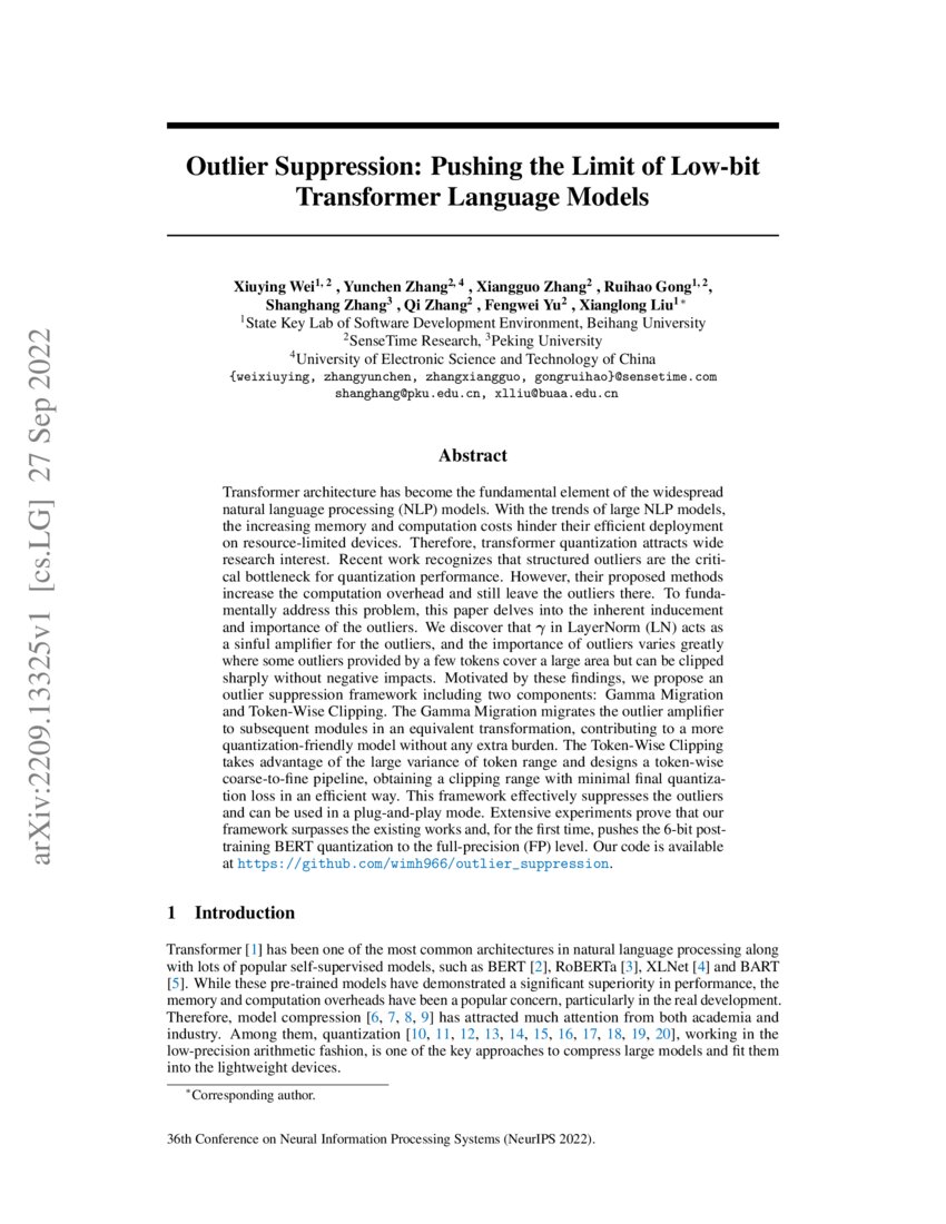 Outlier Suppression Pushing The Limit Of Low Bit Transformer Language Models Deepai