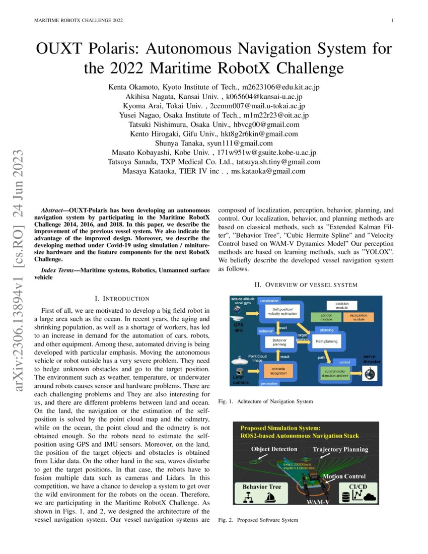 OUXT Polaris: Autonomous Navigation System for the 2022 Maritime RobotX Challenge | DeepAI