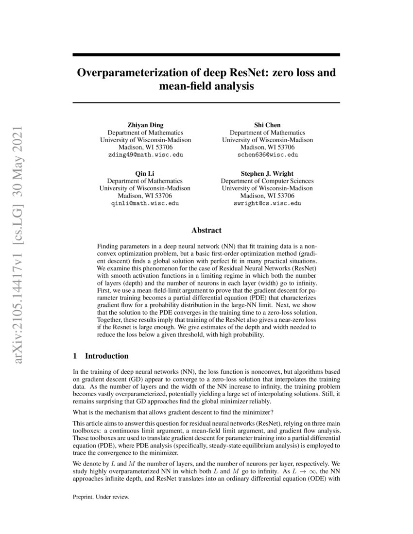 Overparameterization of deep ResNet: zero loss and mean-field analysis ...