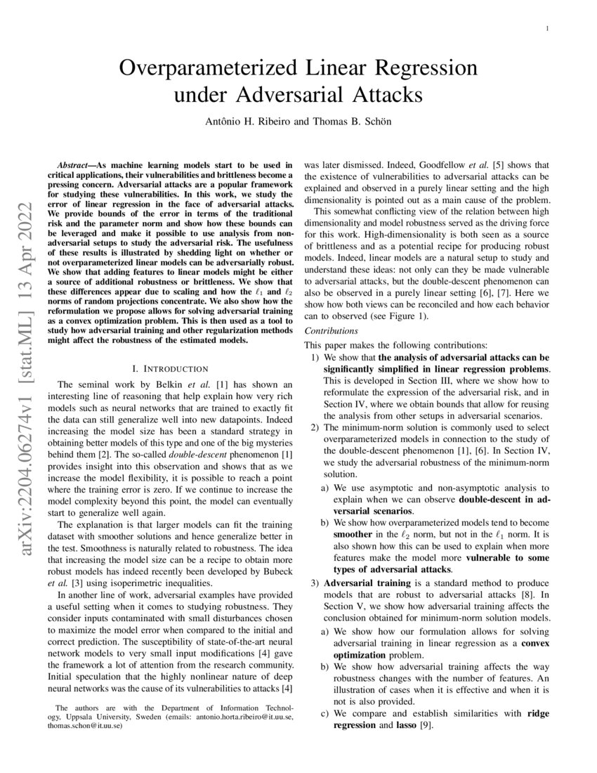 Overparameterized Linear Regression Under Adversarial Attacks Deepai