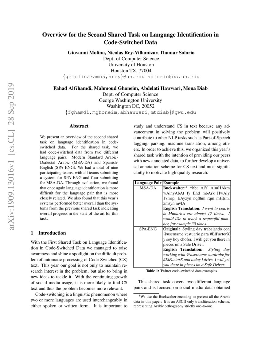 Overview For The Second Shared Task On Language Identification In Code Switched Data Deepai 