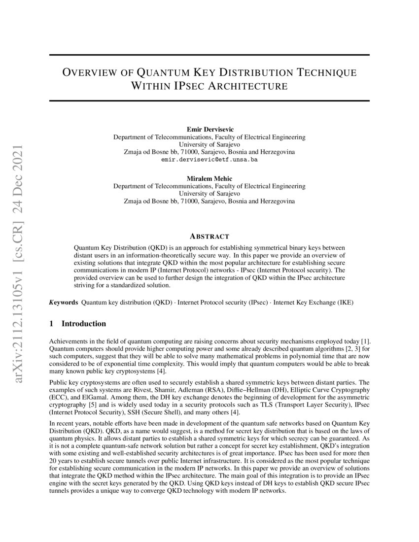 Overview of Quantum Key Distribution Technique within IPsec Architecture | DeepAI
