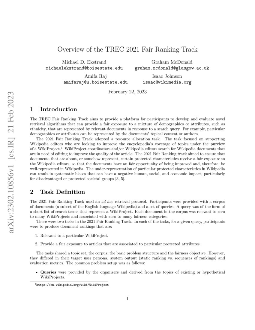 Overview of the TREC 2021 Fair Ranking Track | DeepAI