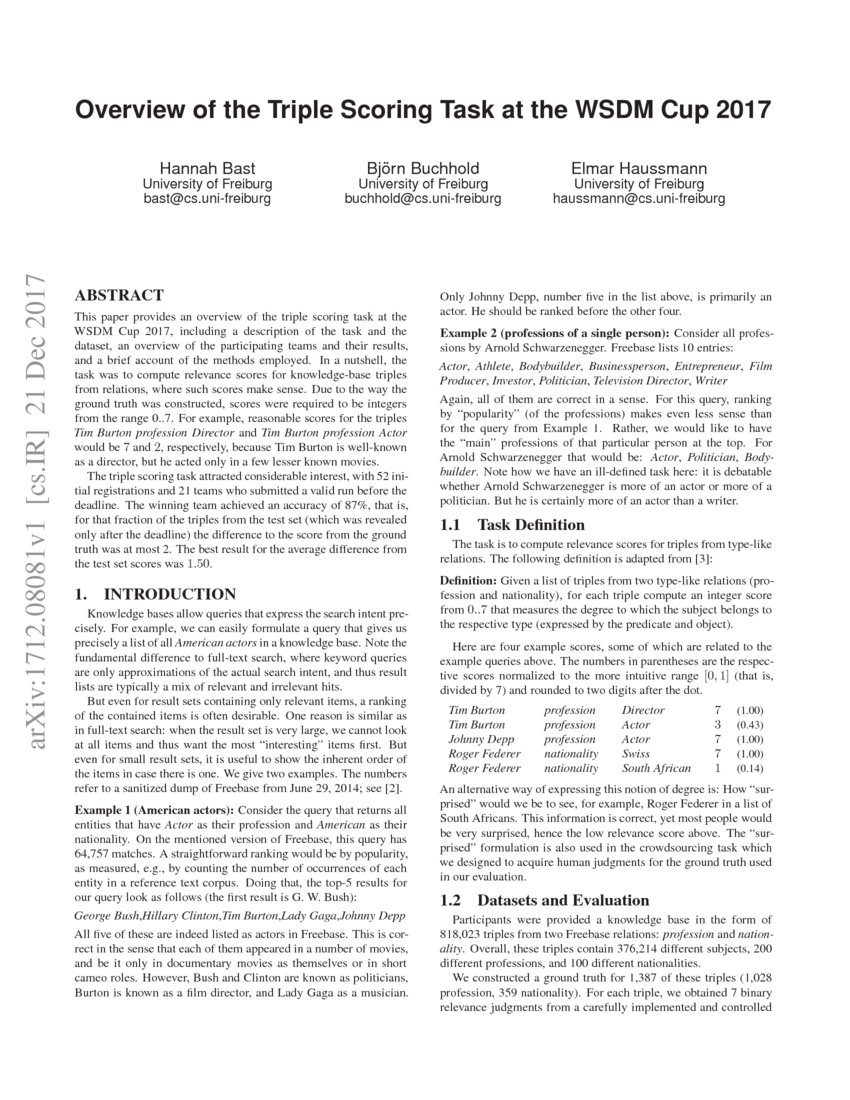 Overview of the Triple Scoring Task at the WSDM Cup 2017 | DeepAI