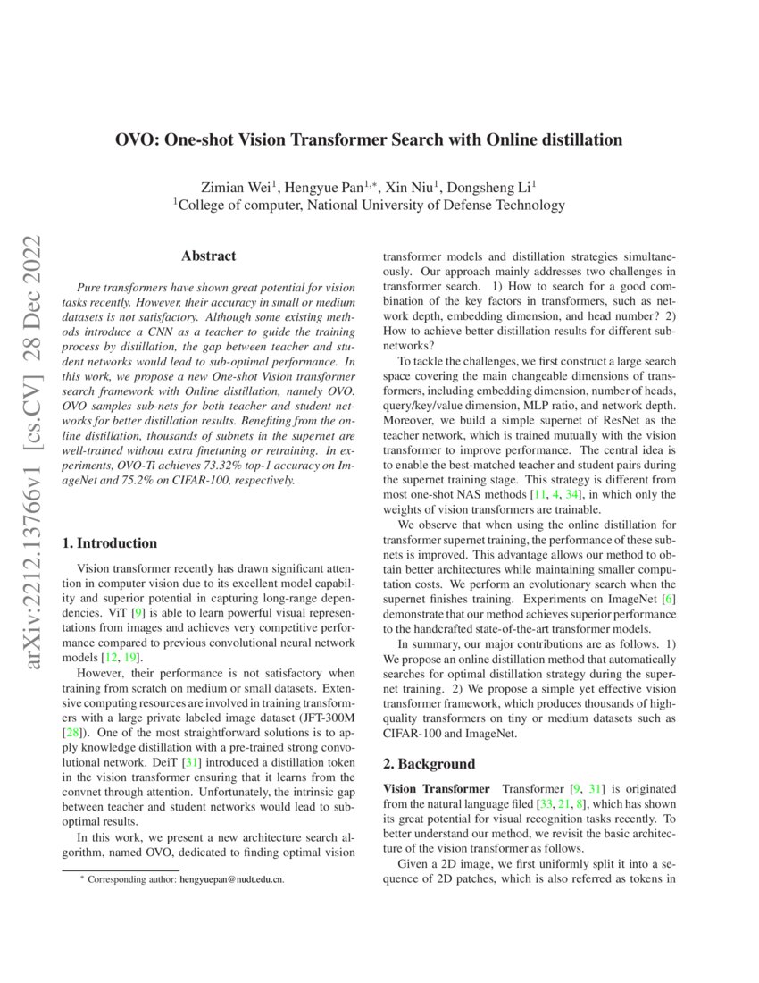 OVO: One-shot Vision Transformer Search with Online distillation | DeepAI
