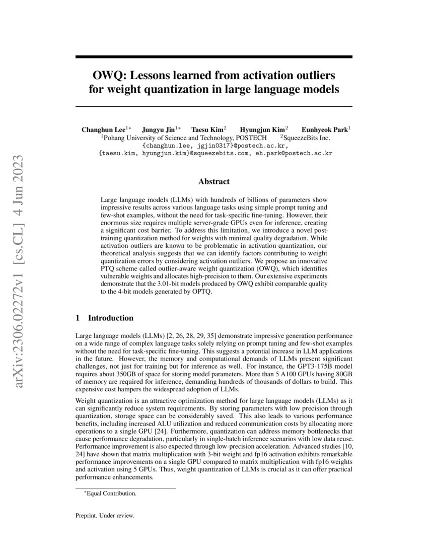 OWQ: Lessons learned from activation outliers for weight quantization ... OWQ: Lessons learned from activation outliers for weight quantization ...
