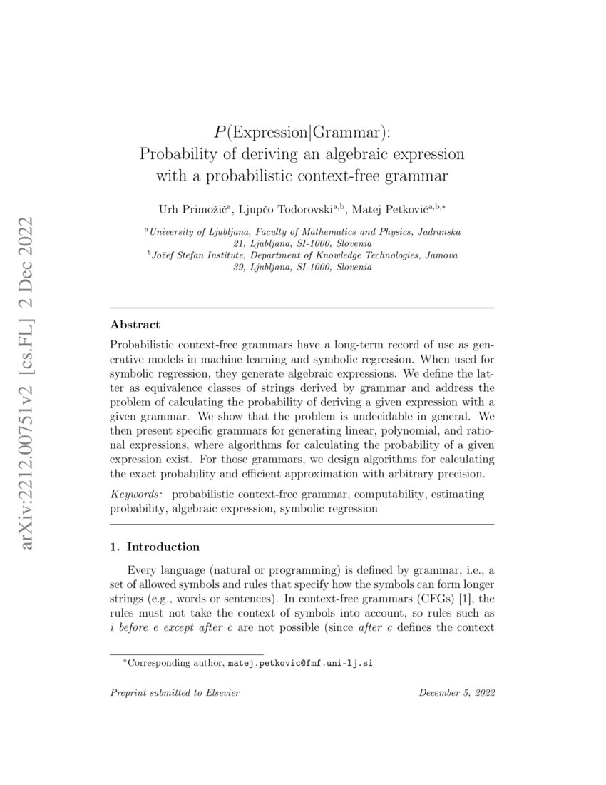 P(Expression|Grammar): Probability of deriving an algebraic expression with a probabilistic ...