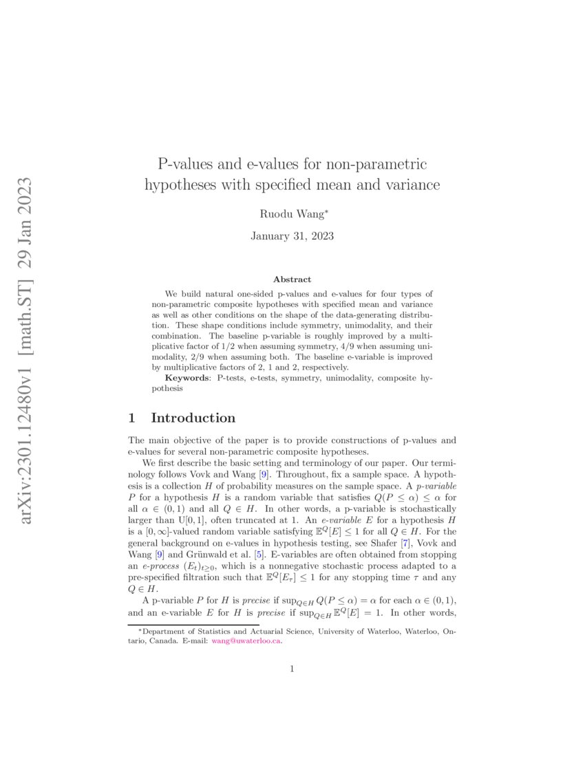 P Values And E Values For Non Parametric Hypotheses With Specified Mean