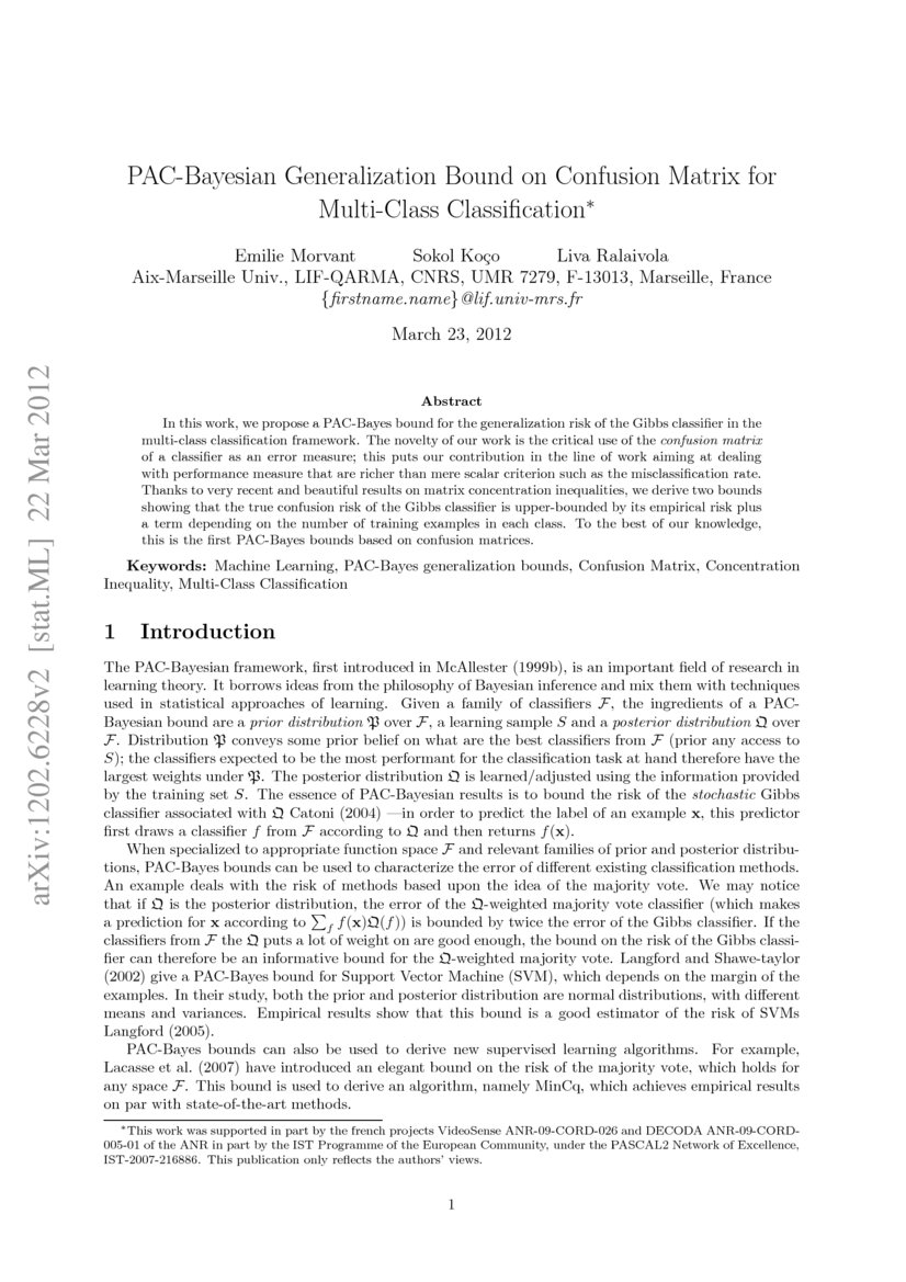 Pac Bayesian Generalization Bound On Confusion Matrix For Multi Class