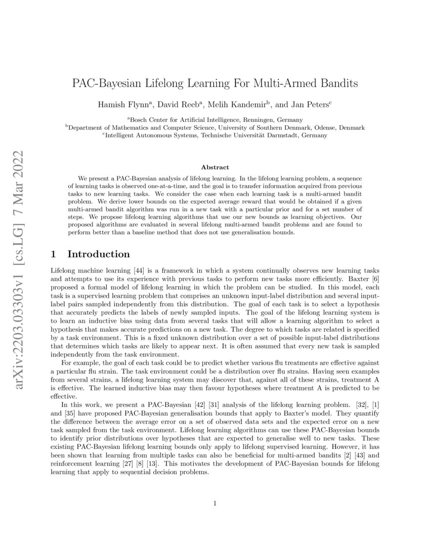 PAC-Bayesian Lifelong Learning For Multi-Armed Bandits | DeepAI