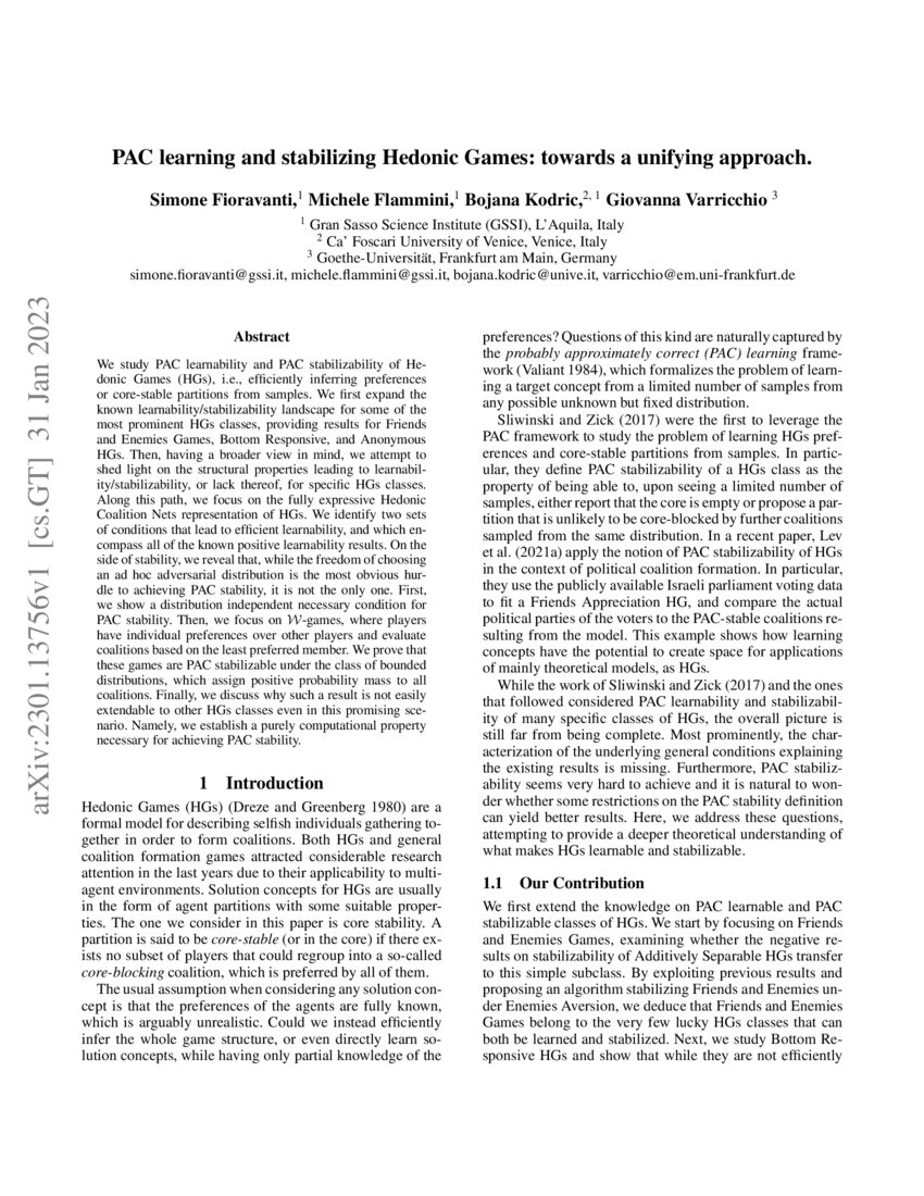 PAC learning and stabilizing Hedonic Games: towards a unifying approach | DeepAI