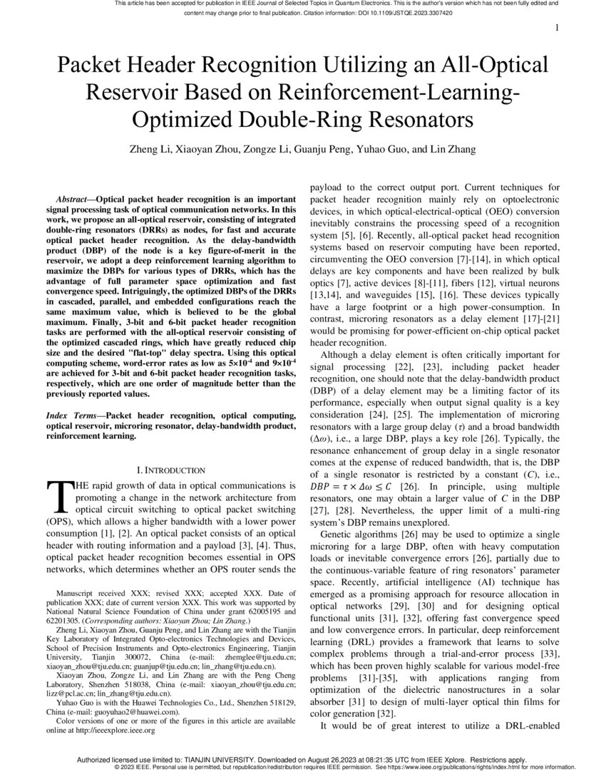 Packet Header Recognition Utilizing an All-Optical Reservoir Based on Reinforcement-Learning ...