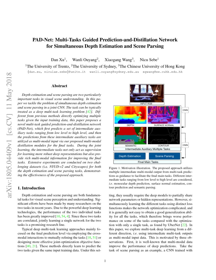 Pad Net Multi Tasks Guided Prediction And Distillation Network For Simultaneous Depth