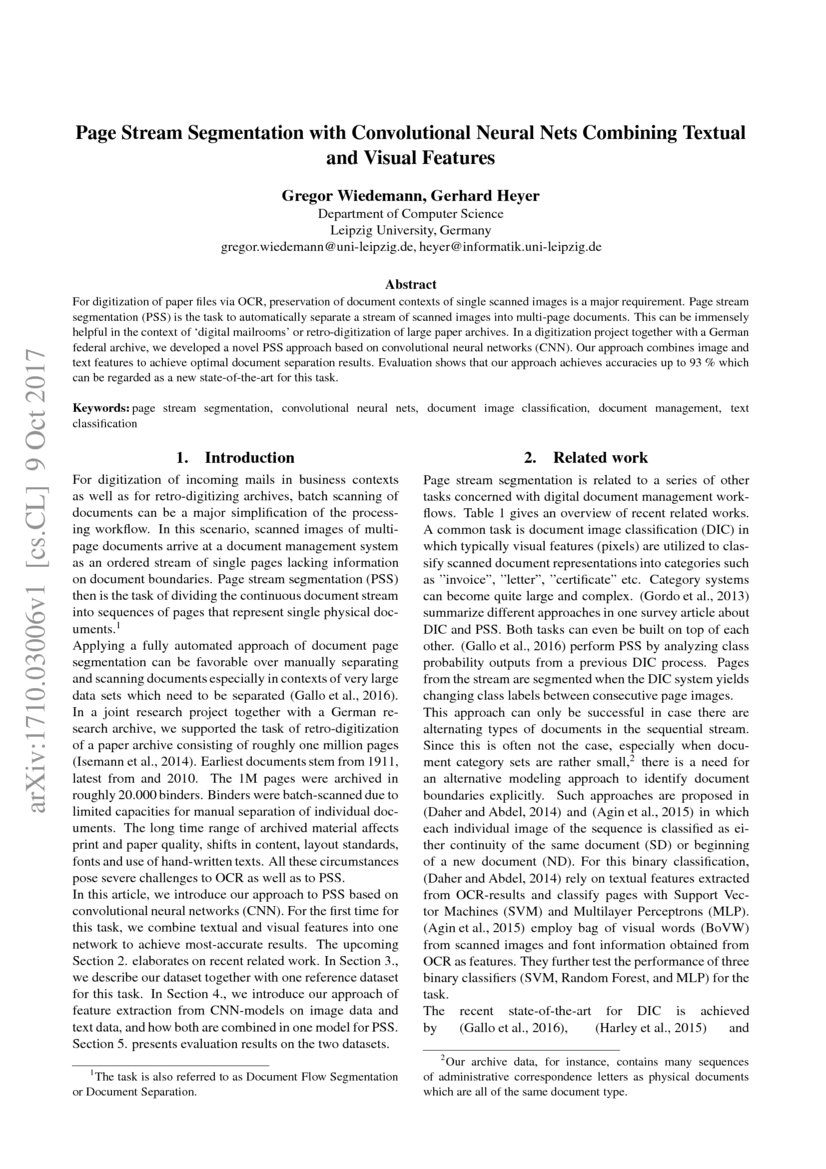 Page Stream Segmentation With Convolutional Neural Nets Combining Textual And Visual Features