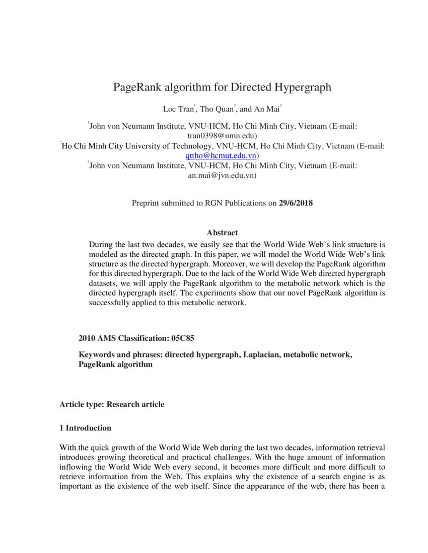 PageRank algorithm for Directed Hypergraph | DeepAI