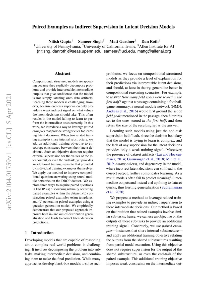 Paired Examples as Indirect Supervision in Latent Decision Models | DeepAI