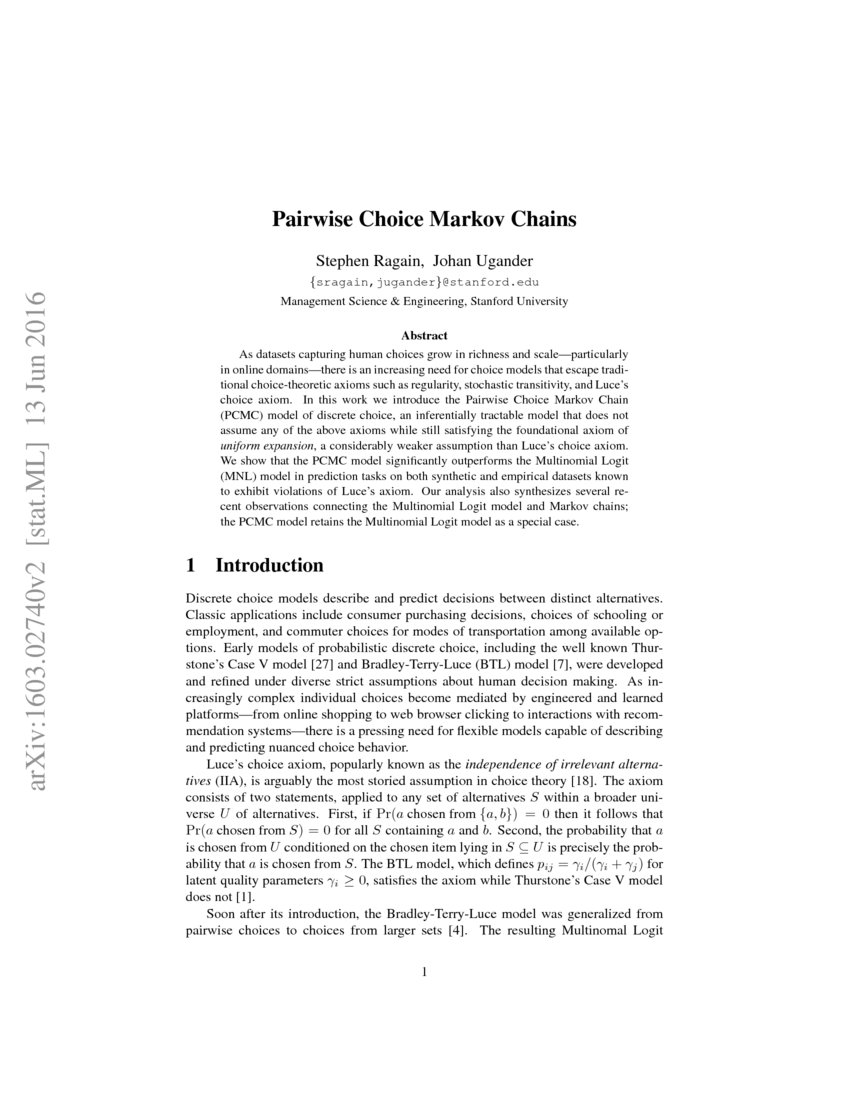 Pairwise Choice Markov Chains | DeepAI