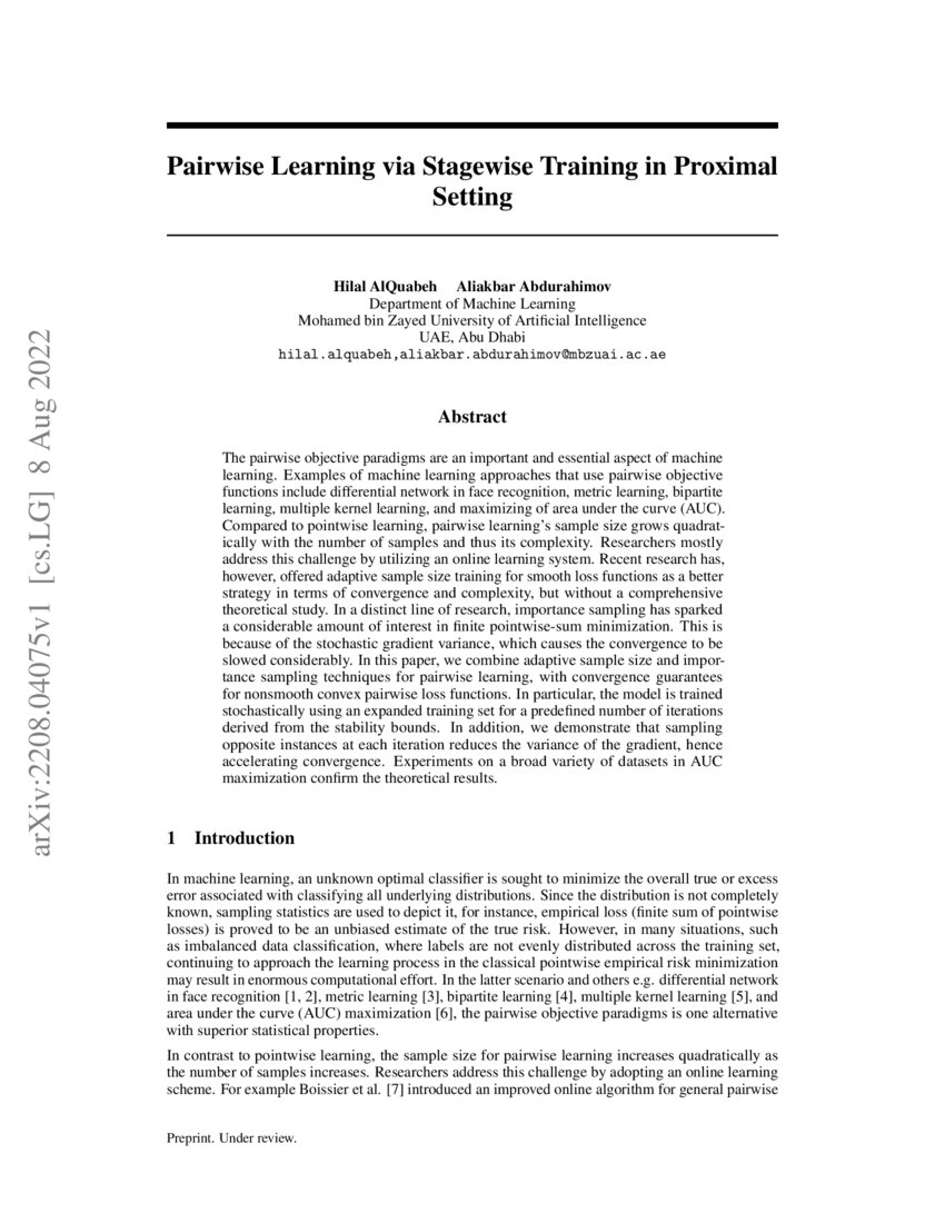 Pairwise Learning Via Stagewise Training In Proximal Setting Deepai
