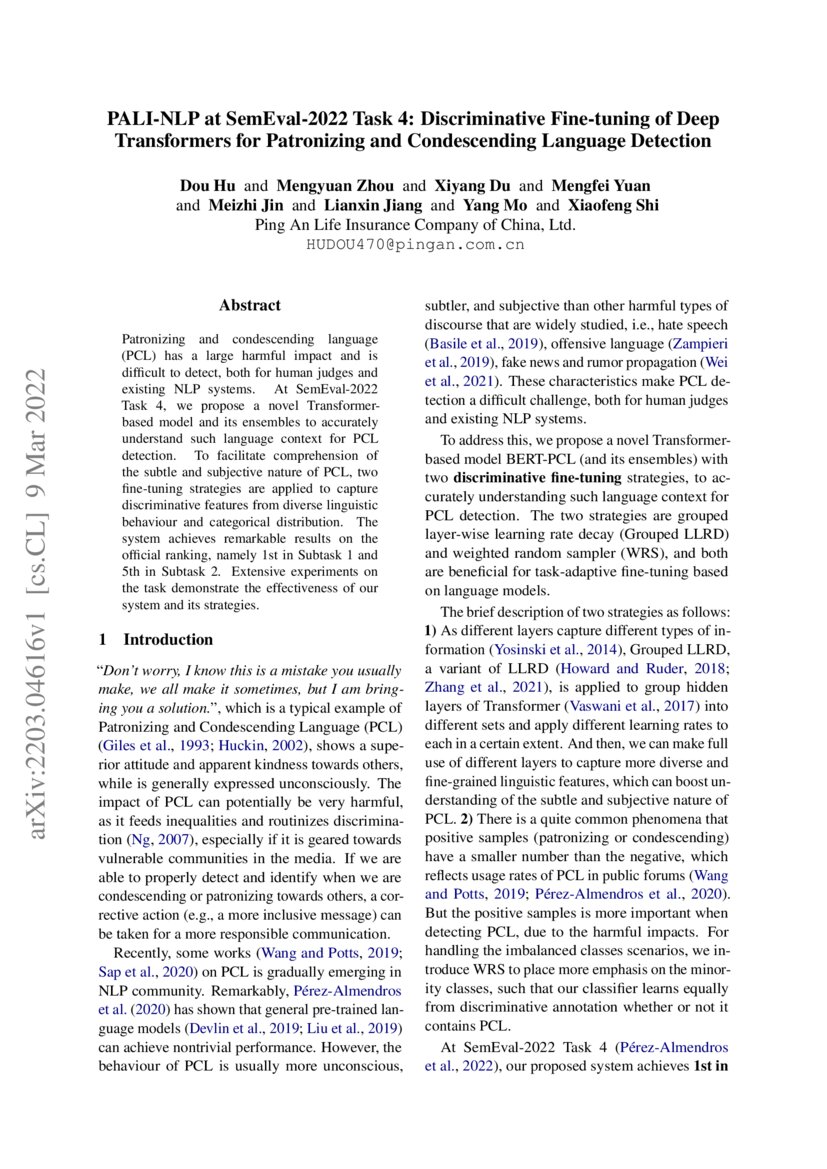 Pali Nlp At Semeval 2022 Task 4 Discriminative Fine Tuning Of Deep Transformers For Patronizing