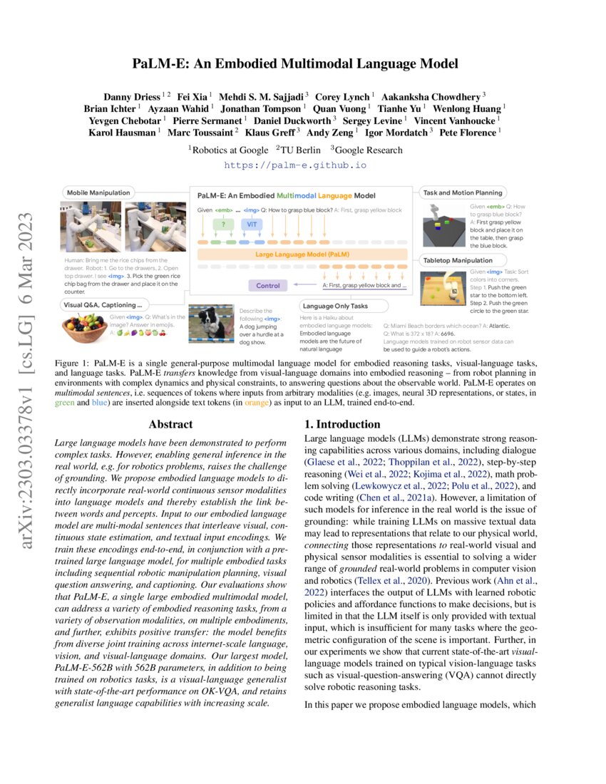 PaLM-E: An Embodied Multimodal Language Model | DeepAI