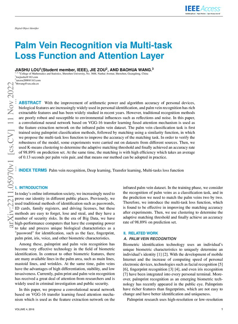 Palm Vein Recognition via Multi-task Loss Function and Attention Layer | DeepAI