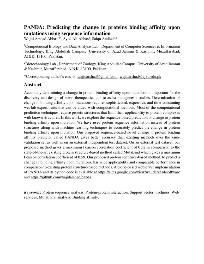 PANDA: Predicting the change in proteins binding affinity upon mutations using sequence ...