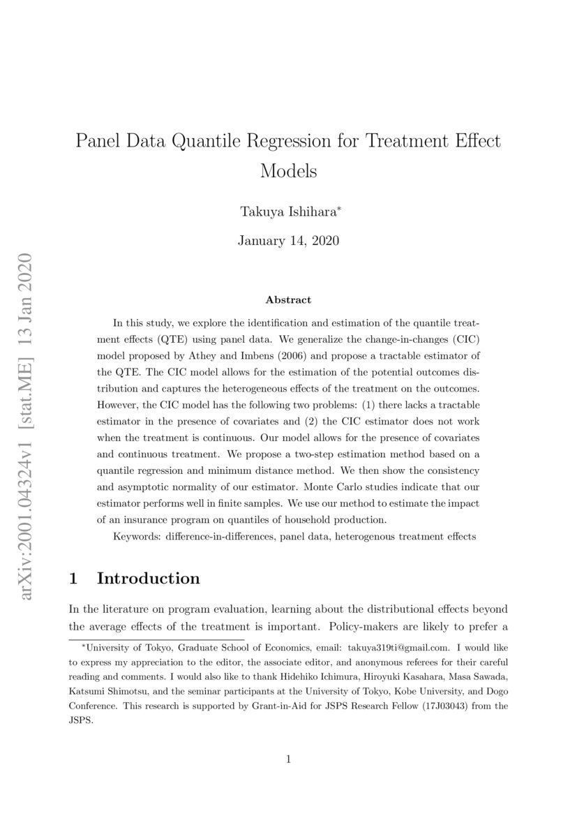 Panel Data Quantile Regression for Treatment Effect Models | DeepAI