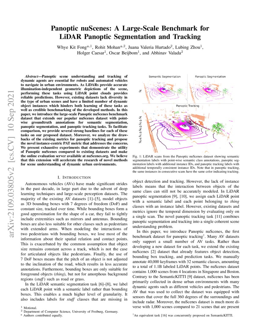 Panoptic nuScenes: A Large-Scale Benchmark for LiDAR Panoptic Segmentation and Tracking | DeepAI