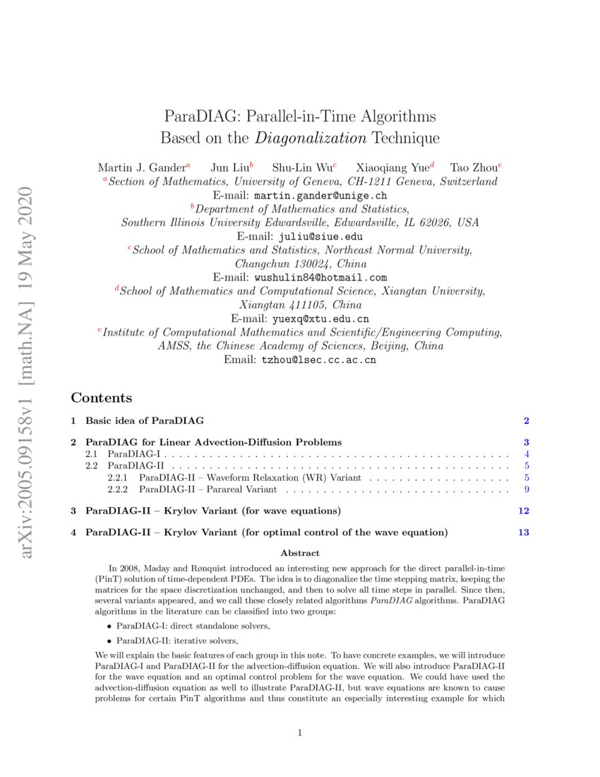 Paradiag Parallel In Time Algorithms Based On The Diagonalization Technique Deepai