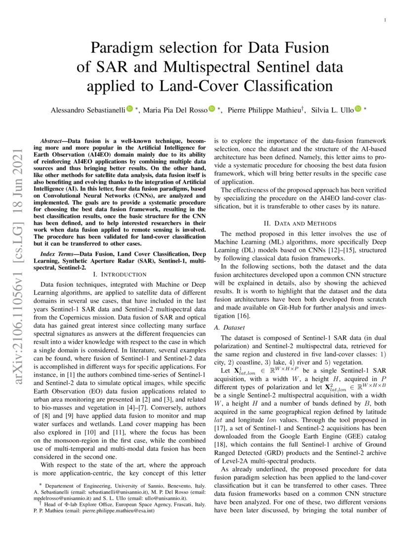 Paradigm Selection For Data Fusion Of Sar And Multispectral Sentinel