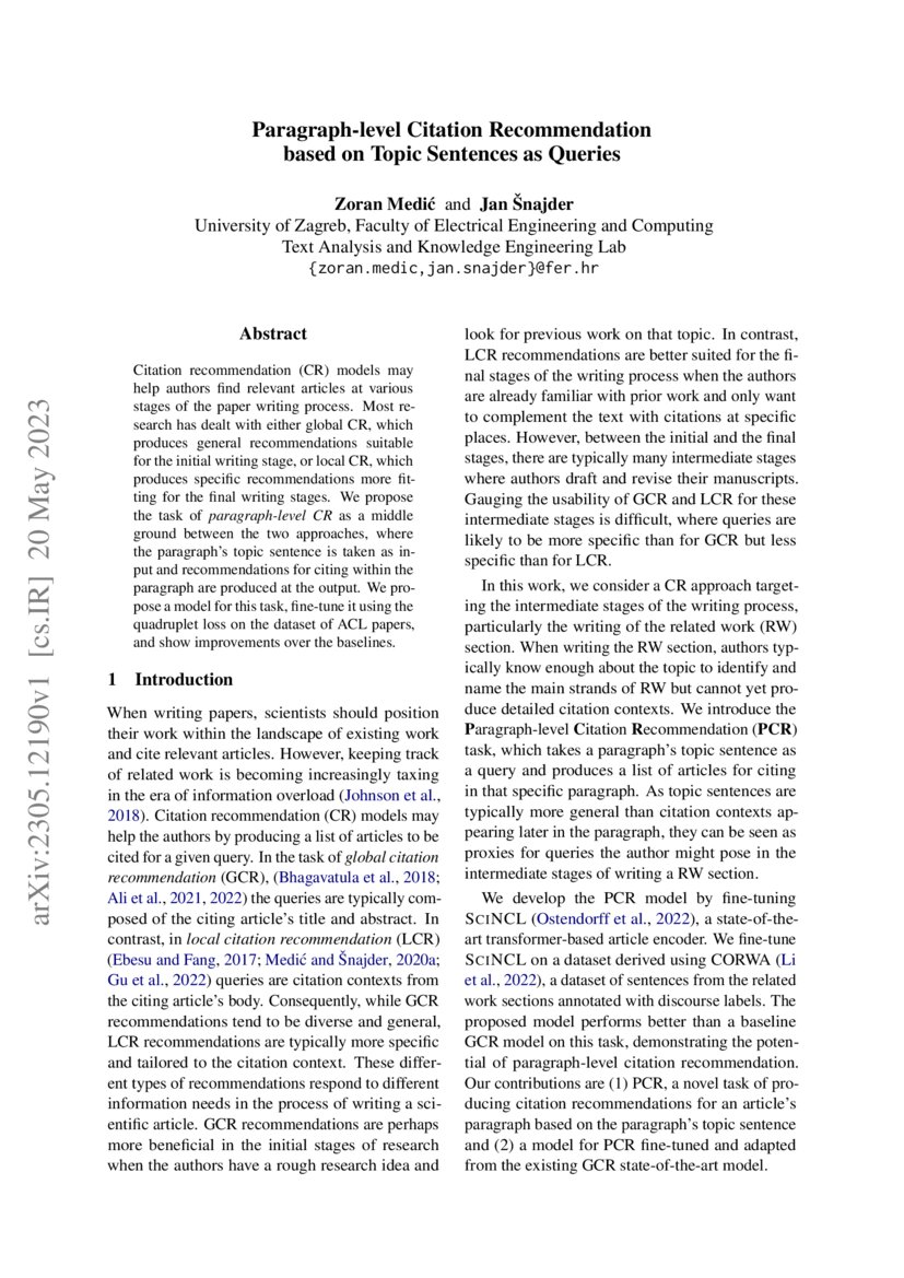 Paragraph-level Citation Recommendation based on Topic Sentences as ...