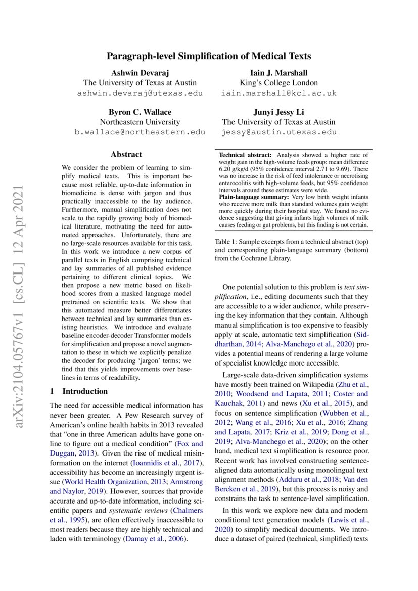 Paragraph-level Simplification of Medical Texts | DeepAI