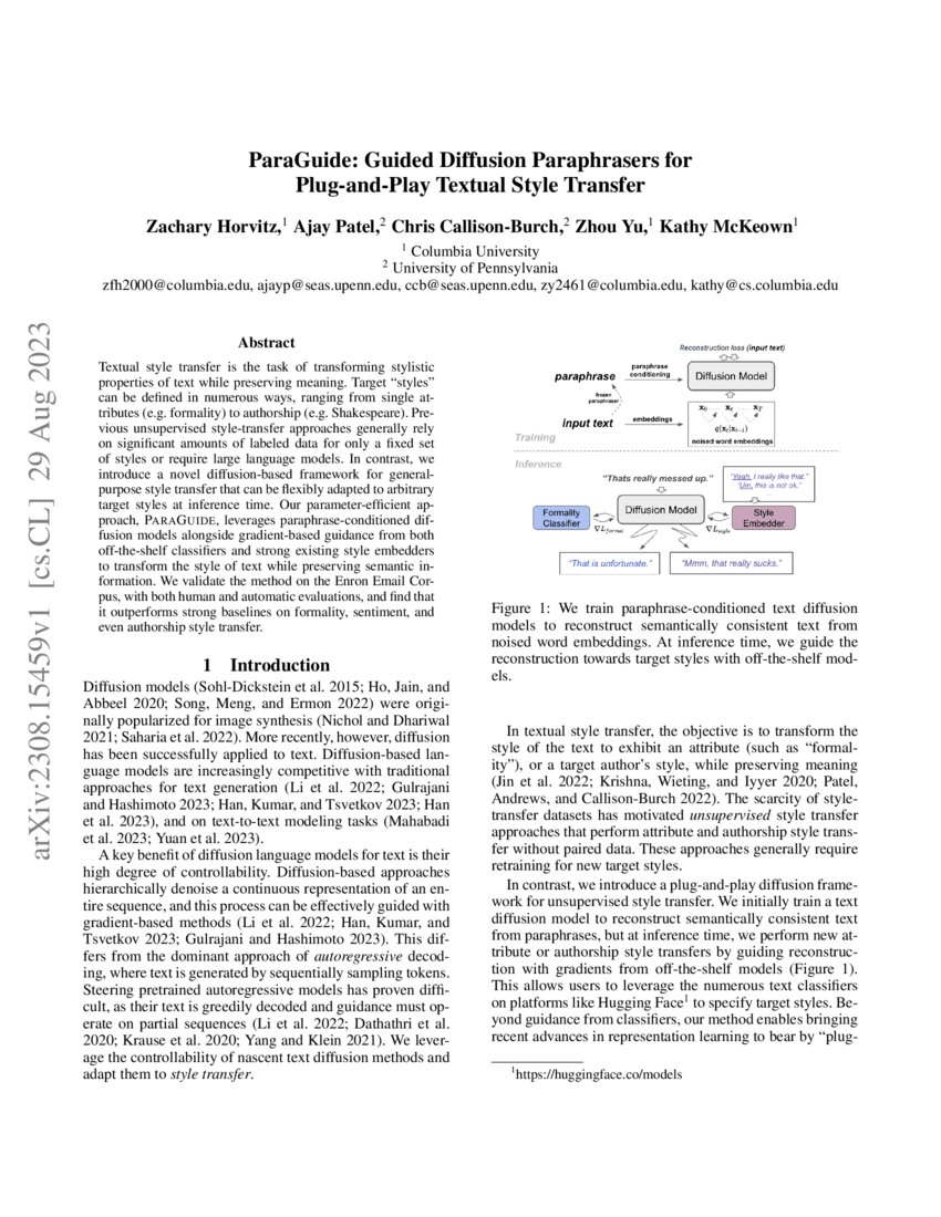 ParaGuide: Guided Diffusion Paraphrasers for Plug-and-Play Textual ...