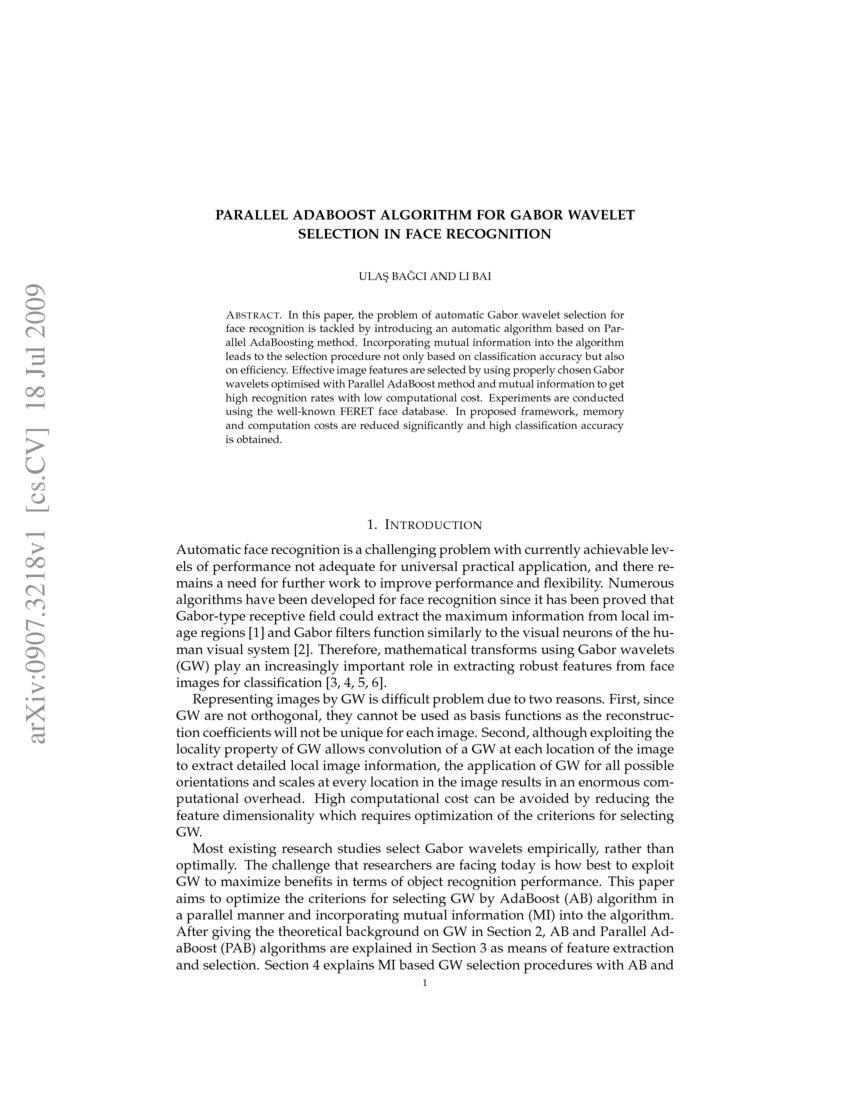 Parallel Adaboost Algorithm For Gabor Wavelet Selection In Face Recognition Deepai