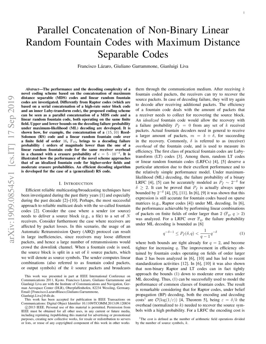 Parallel Concatenation of Non-Binary Linear Random Fountain Codes with Maximum Distance ...