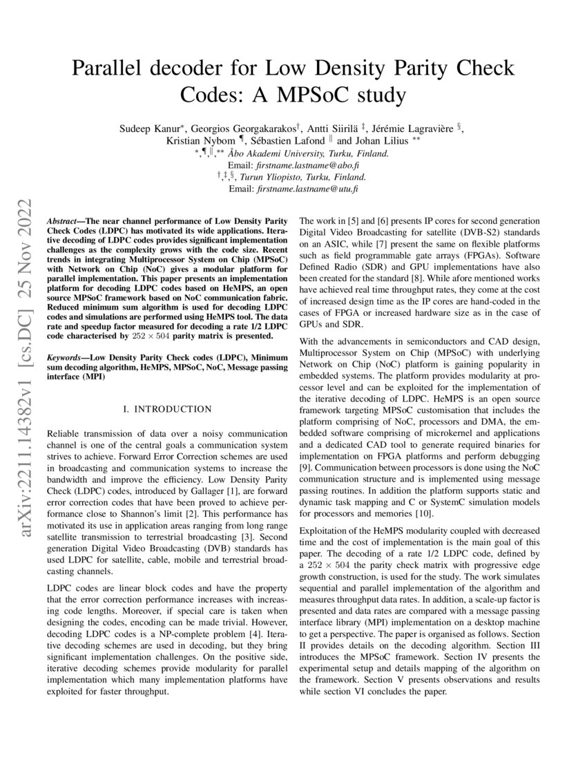 Parallel decoder for Low Density Parity Check Codes: A MPSoC study | DeepAI