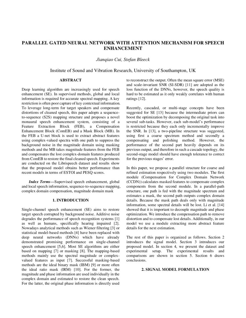 Parallel Gated Neural Network With Attention Mechanism For Speech Enhancement | DeepAI