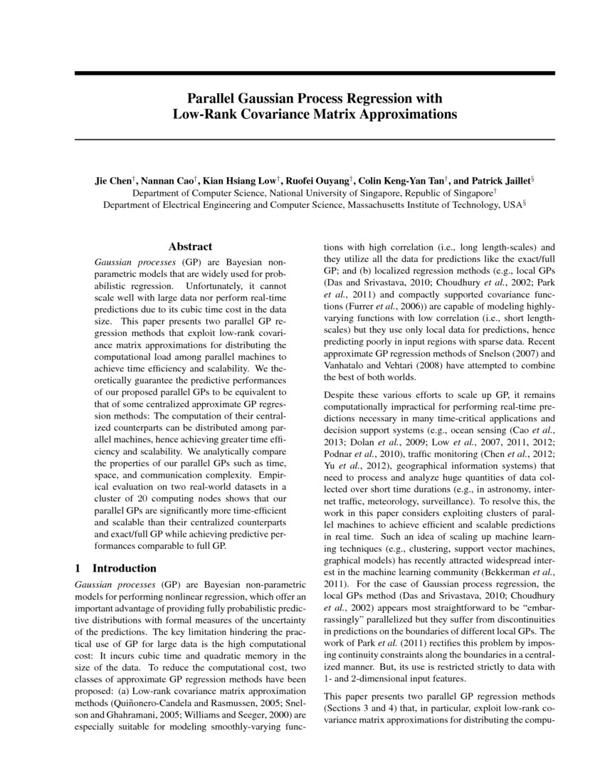 Parallel Gaussian Process Regression with Low-Rank Covariance Matrix Approximations | DeepAI