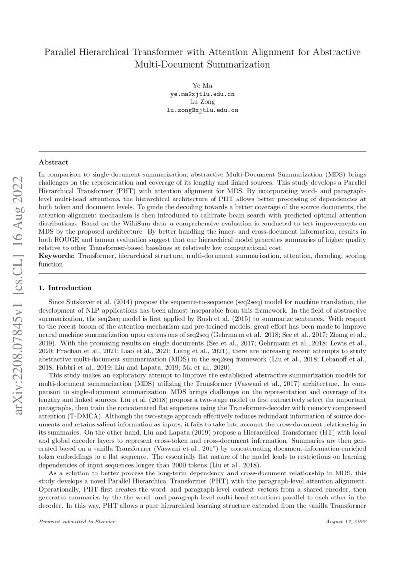 Parallel Hierarchical Transformer With Attention Alignment For Abstractive Multi Document