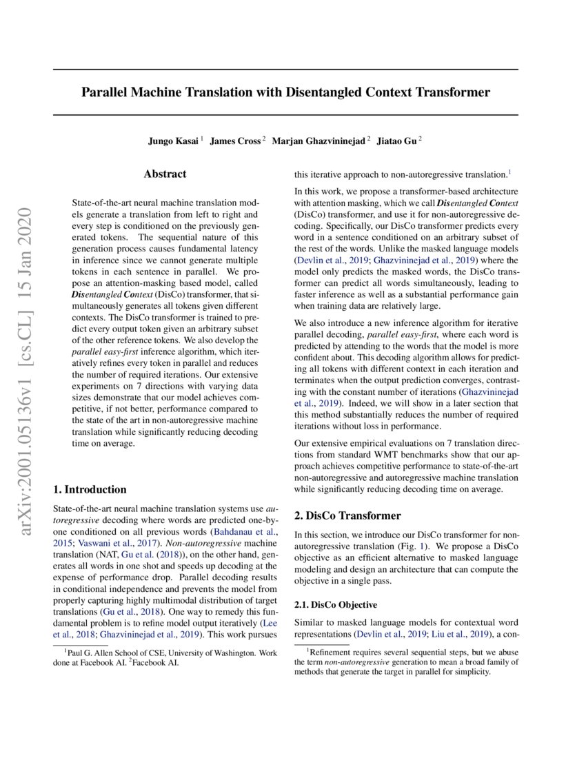 Parallel Machine Translation with Disentangled Context Transformer | DeepAI