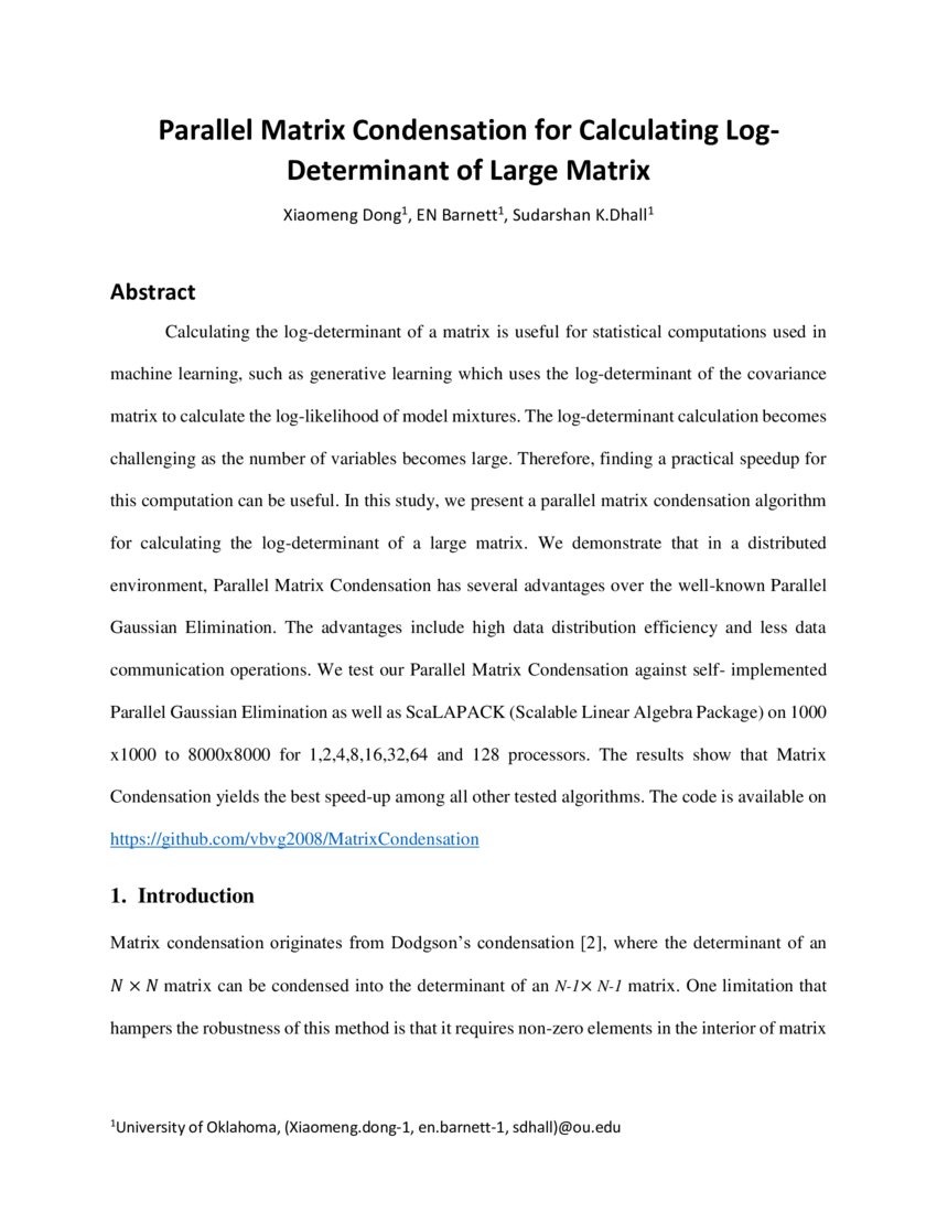 Parallel Matrix Condensation for Calculating Log-Determinant of Large Matrix | DeepAI