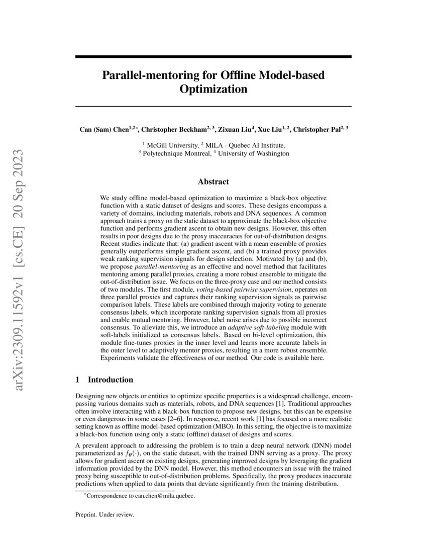 Parallel-mentoring for Offline Model-based Optimization | DeepAI Parallel-mentoring for Offline Model-based Optimization | DeepAI