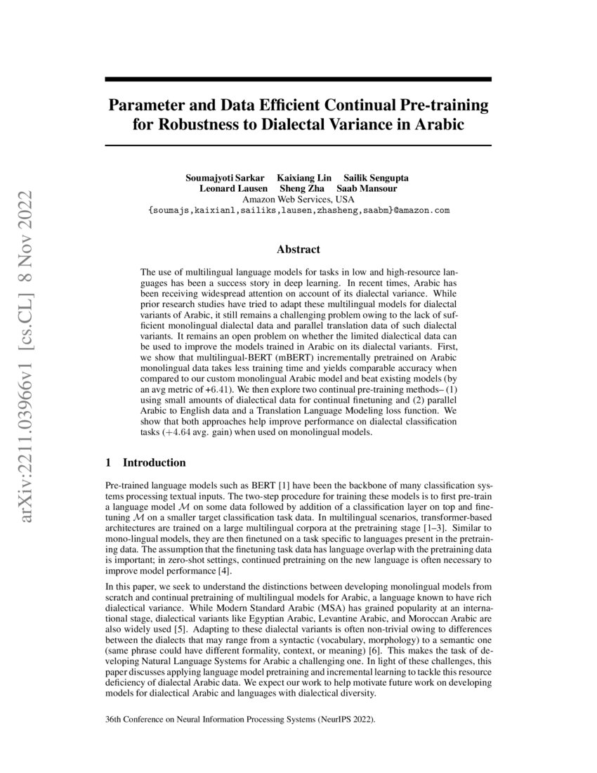 Parameter and Data Efficient Continual Pre-training for Robustness to Dialectal Variance in ...