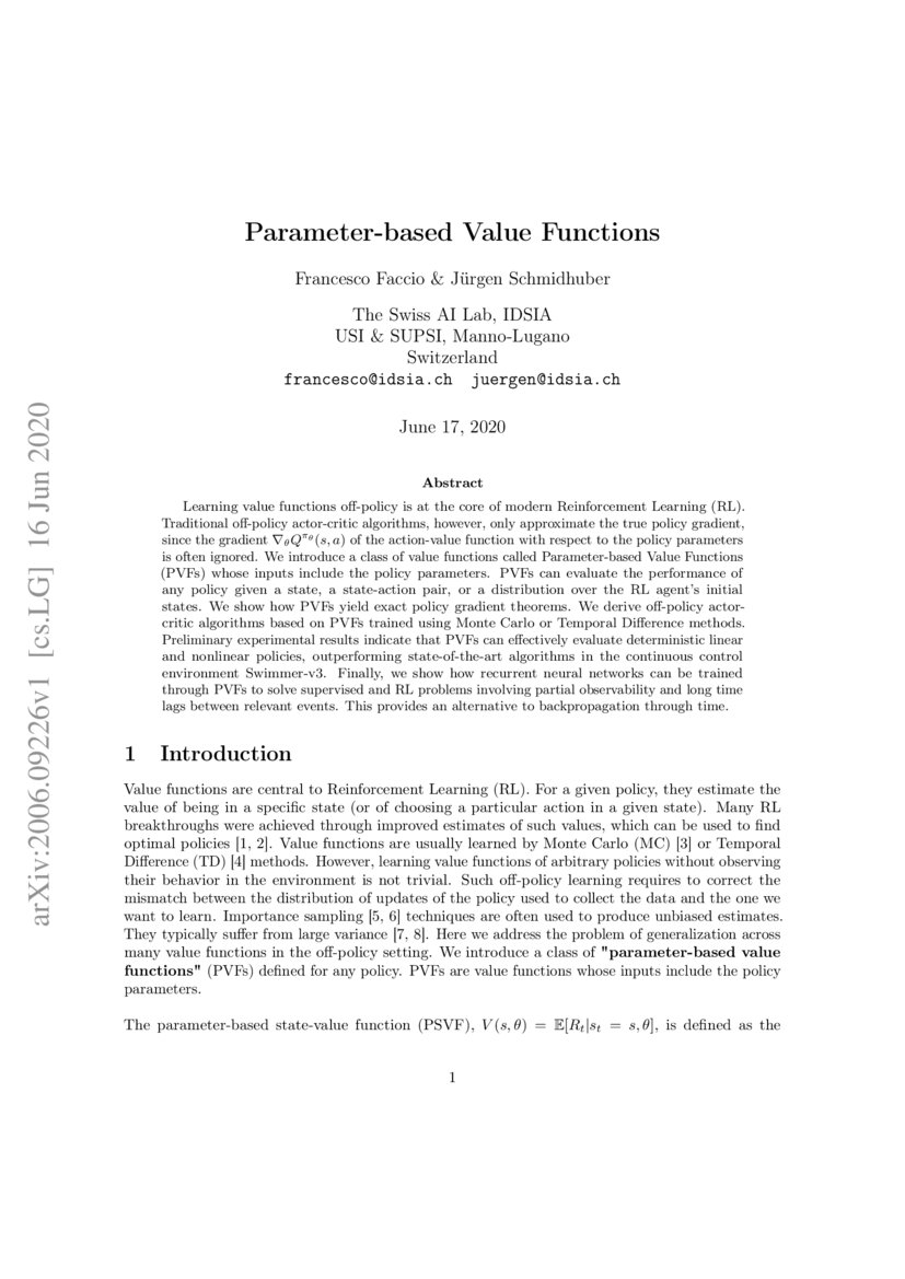 Parameter Based Value Functions Deepai 