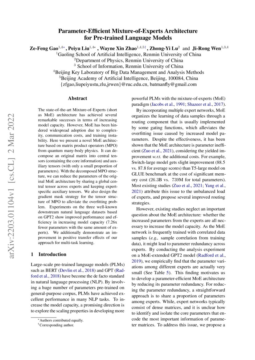 Parameter-Efficient Mixture-of-Experts Architecture for Pre-trained Language Models | DeepAI