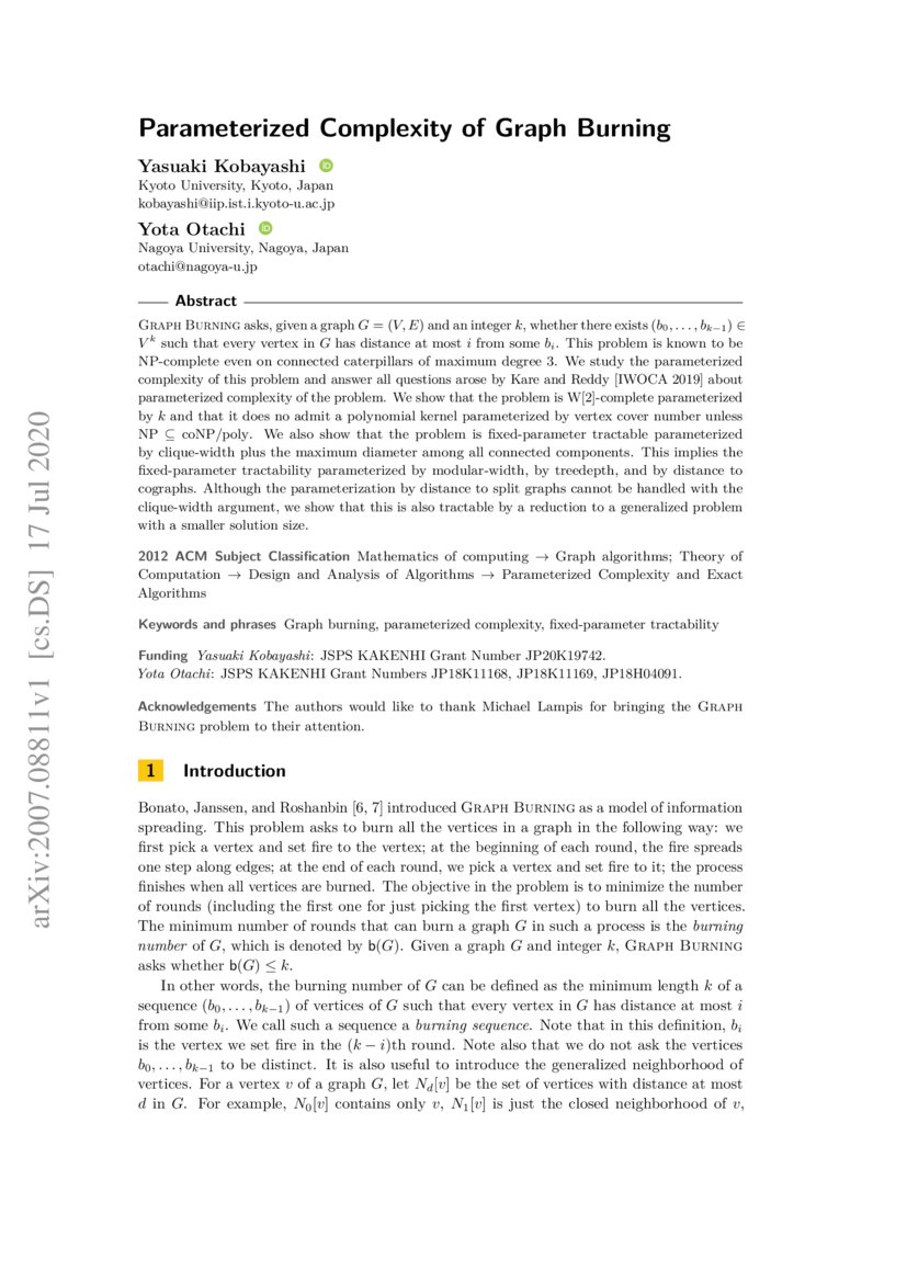 Parameterized Complexity Of Graph Burning Deepai