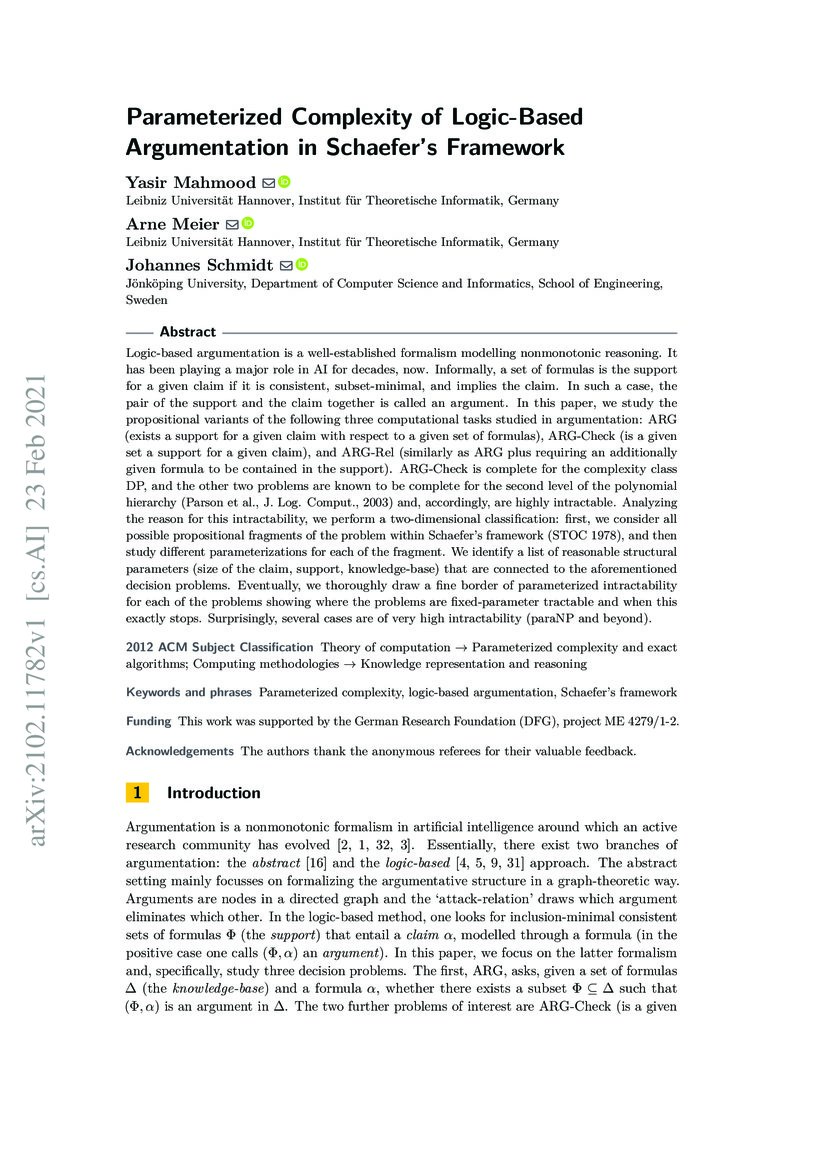 Parameterized Complexity Of Logic Based Argumentation In Schaefers Framework Deepai 4626