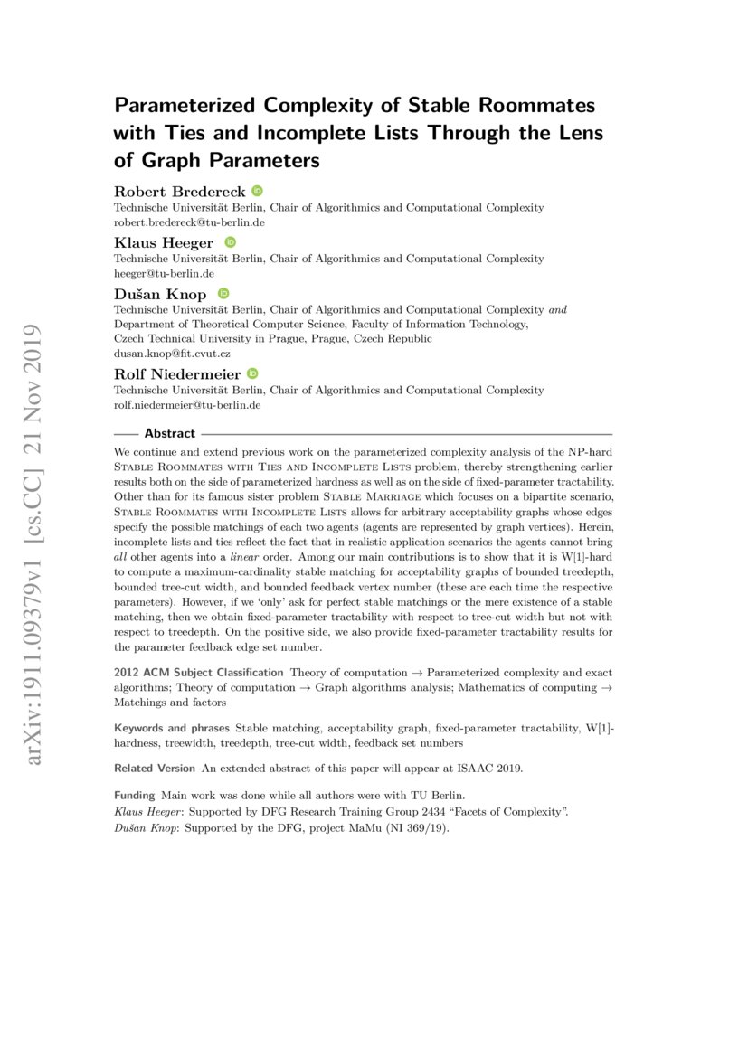 Parameterized Complexity of Stable Roommates with Ties and Incomplete ...