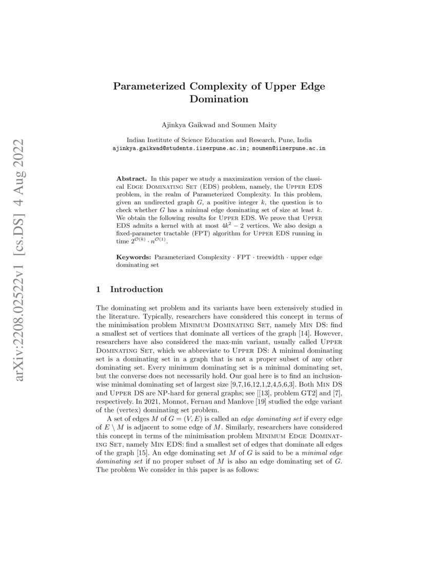 Parameterized Complexity of Upper Edge Domination | DeepAI